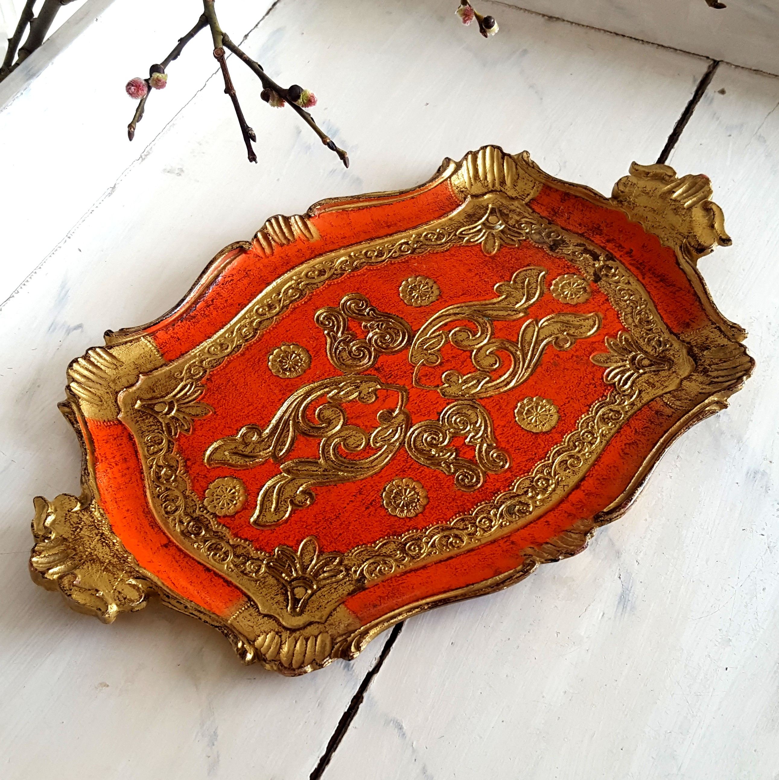 Bricka - Rokokostil - Guld & Orange - Italien - Vintage - Retrolivet