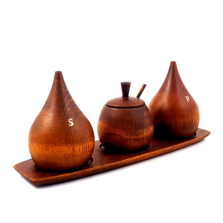 Kryddställ - Salt, Peppar & Senapsburk - Teak - Japan - 50-Tal - Retrolivet