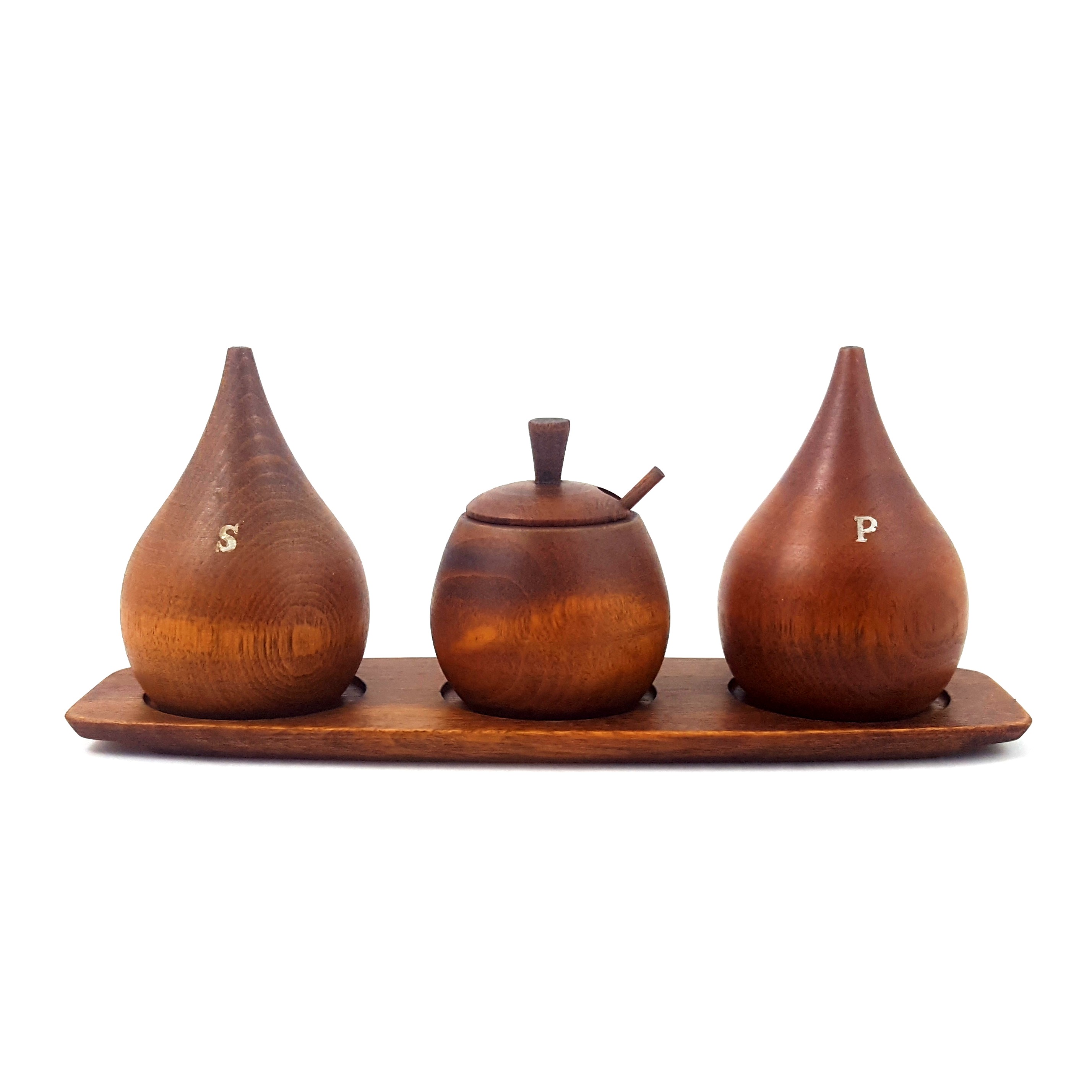 Kryddställ - Salt, Peppar & Senapsburk - Teak - Japan - 50-Tal - Retrolivet